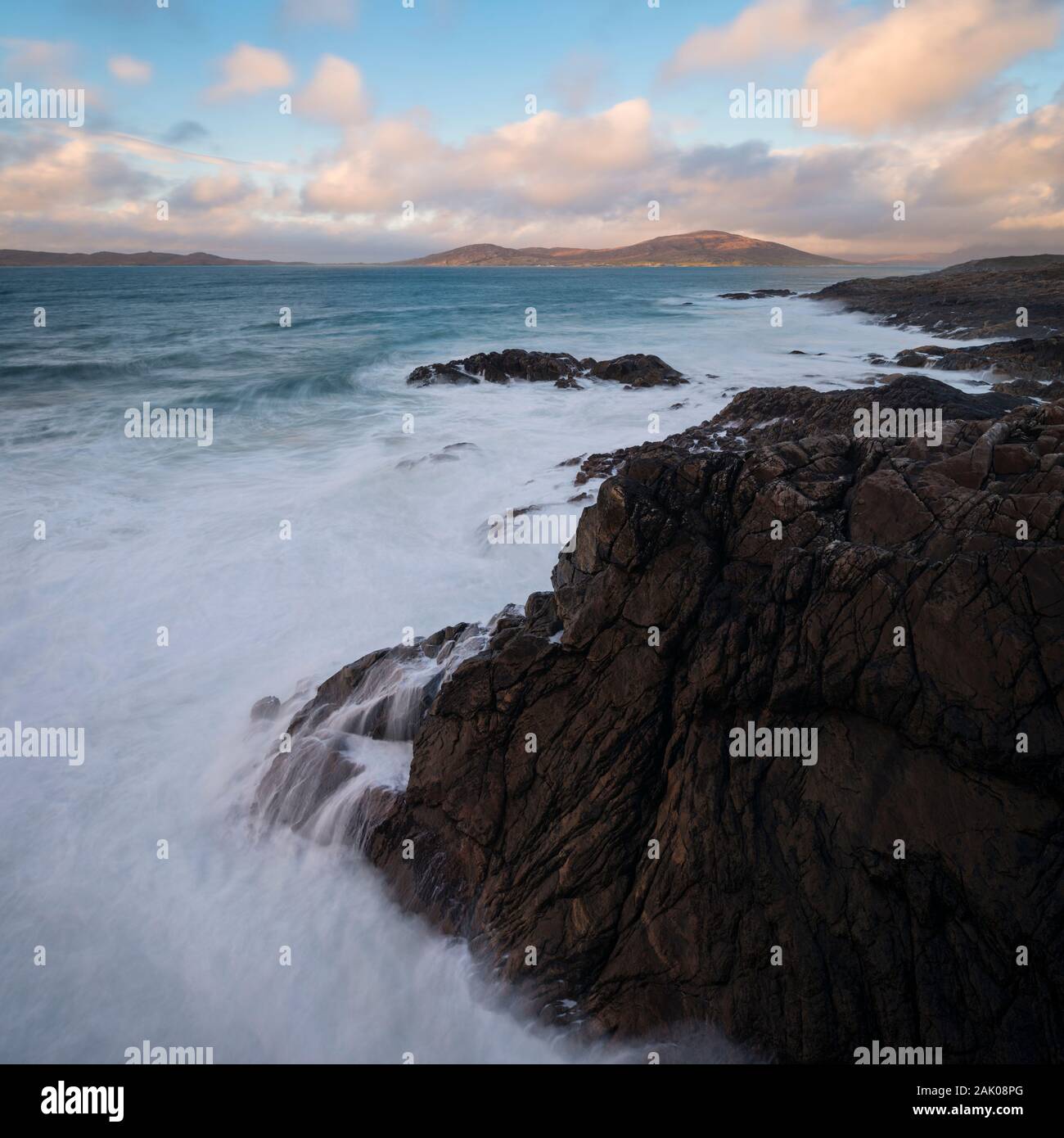 Stormy sea washes across rocky coastline, near Scarista, Isle of Harris ...