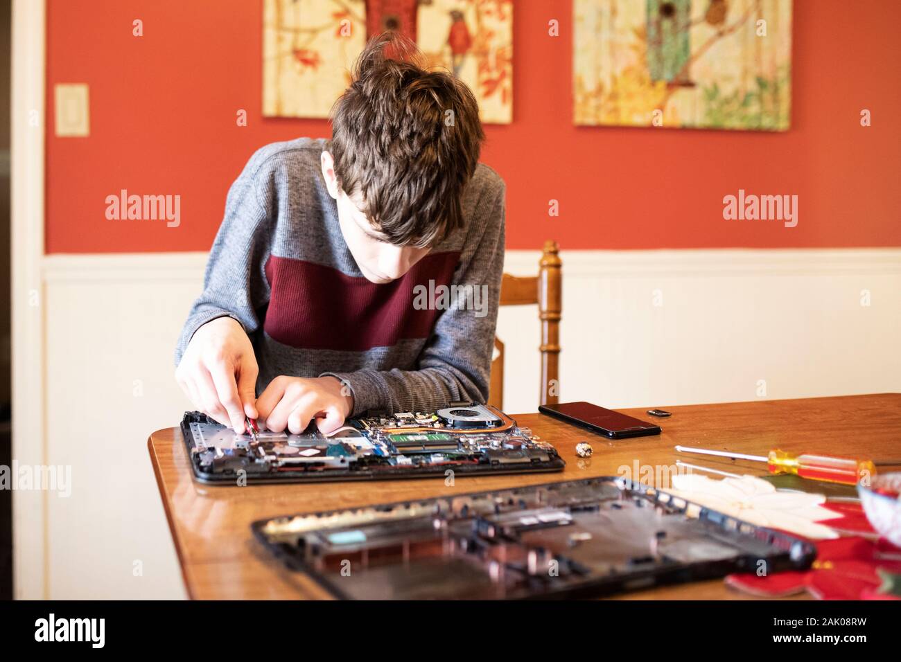 A sixteen-year-old teenage boy takes apart an old laptop computer Stock ...