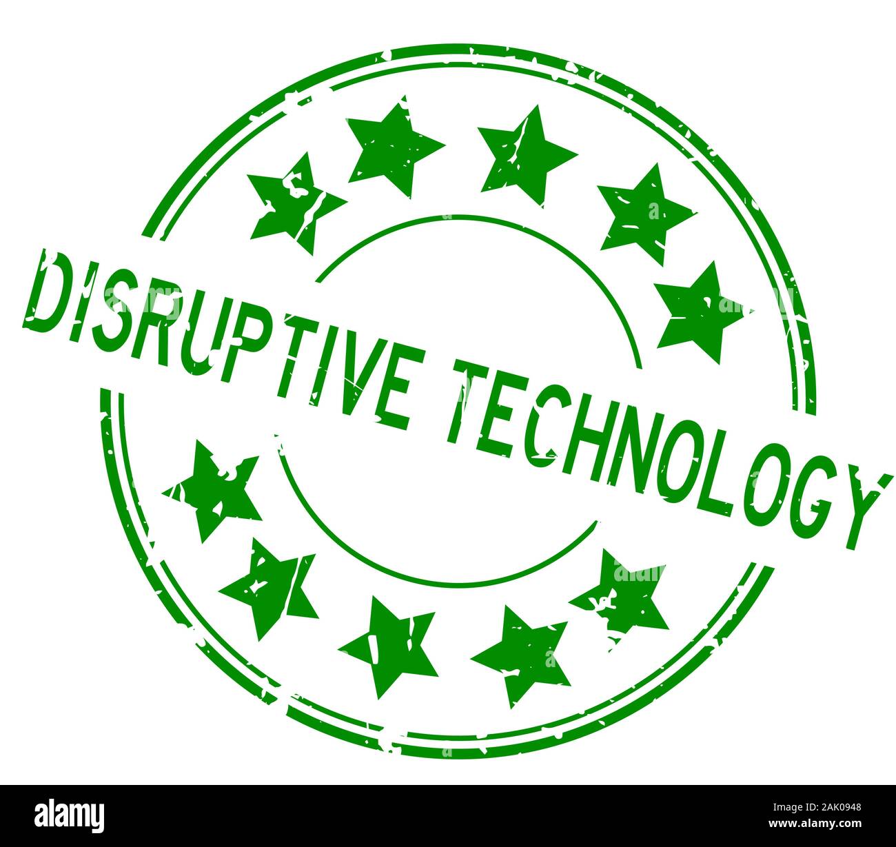 Grunge green disruptive technology word with star icon round rubber ...