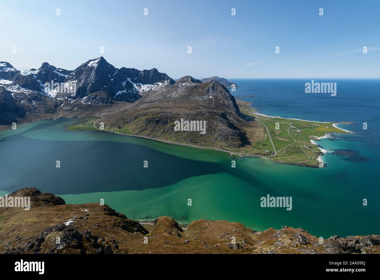 Overlooking colorful water of Flakstadpollen towards village of ...