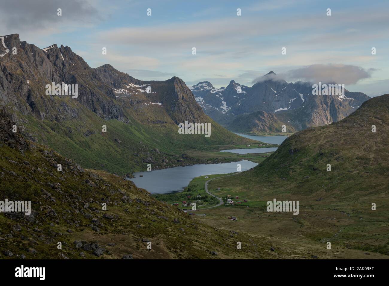E10 Highway curves around lake Storvatn near village of Napp ...