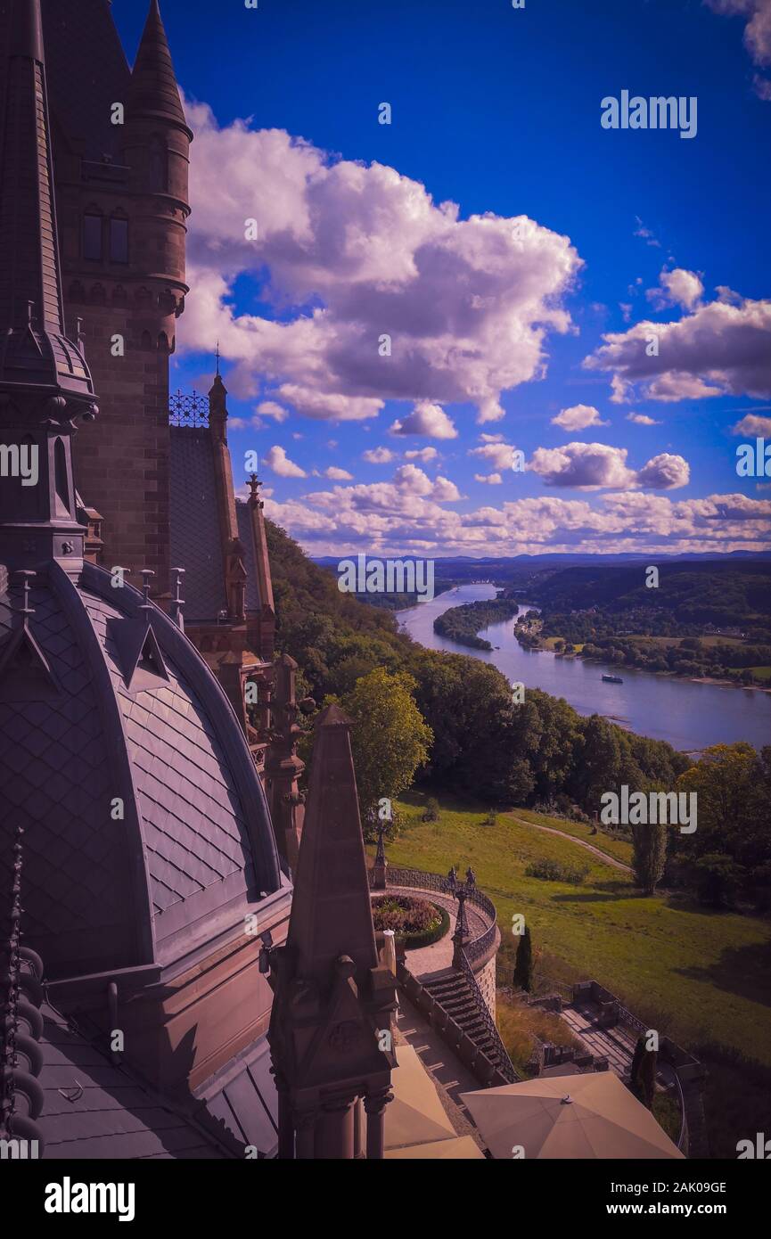 Fairytale view of the Rheine valley seen from the Drachenburg castle in ...