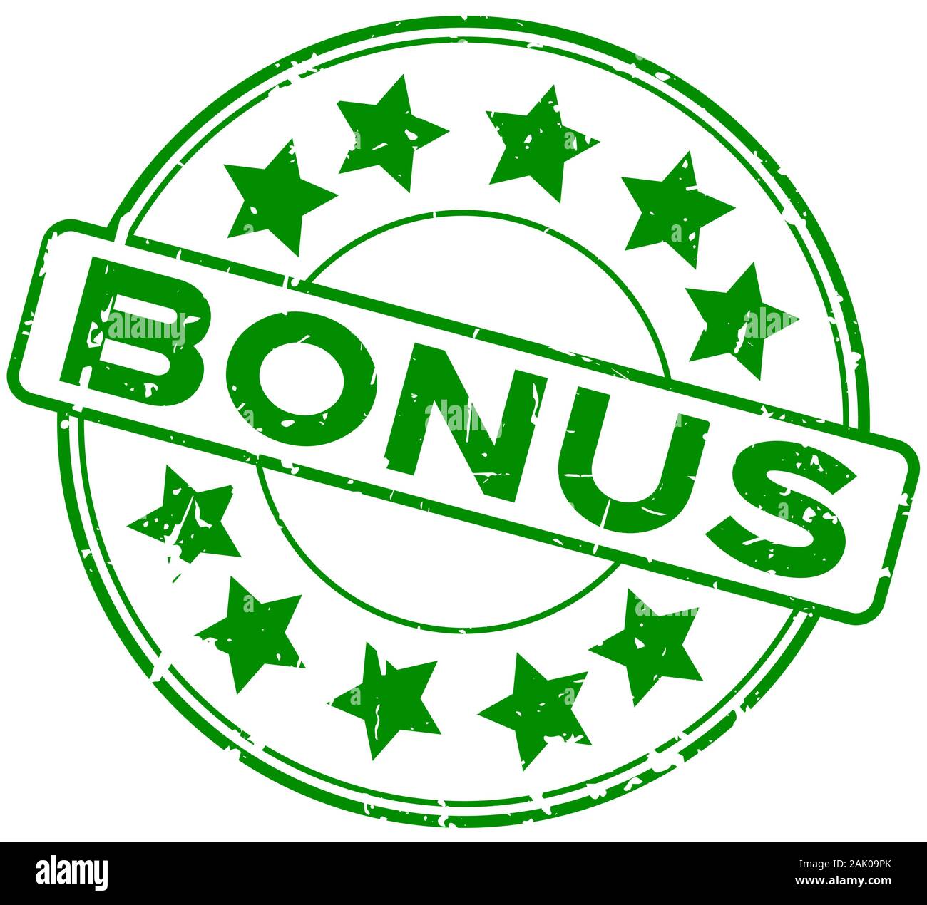 Grunge green bonus with star icon round rubber seal stamp on white ...