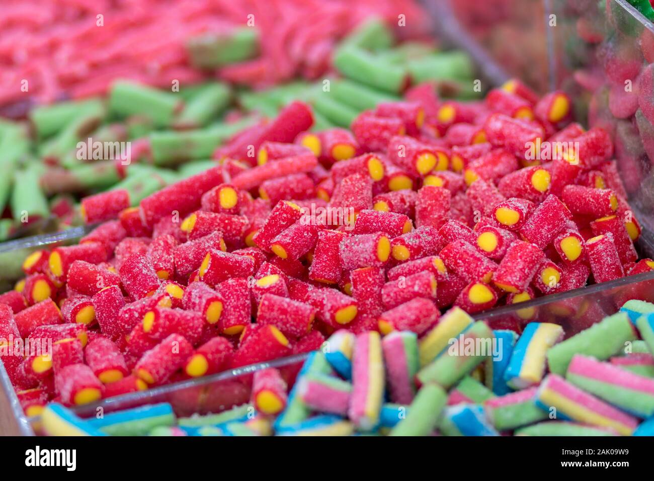 Rubber candies in all kinds of colors and flavors. In the form of ...