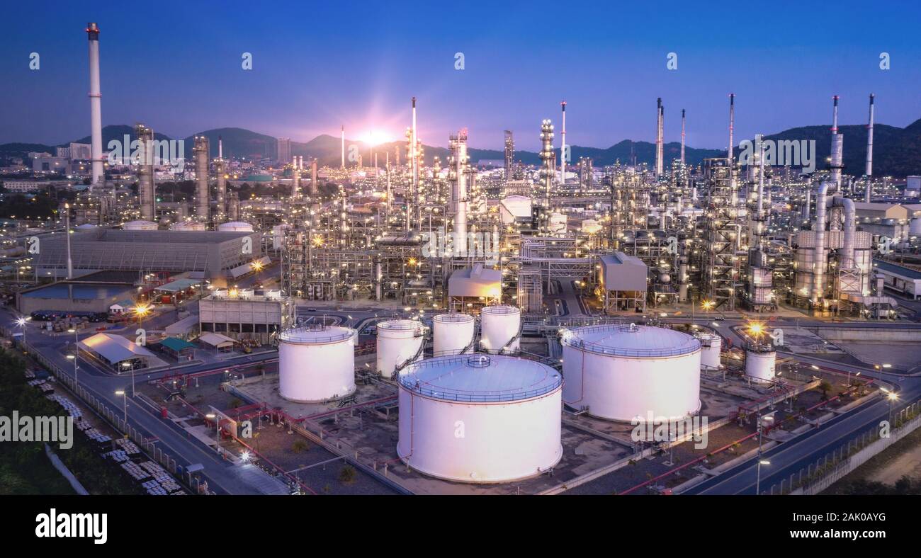 Aerial view of refinery plant,Industry Petrochemical at twilight Stock ...