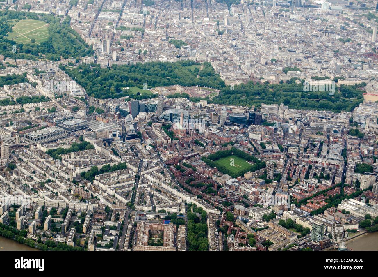 Aerial view across the London districts of Pimlico and Victoria looking ...