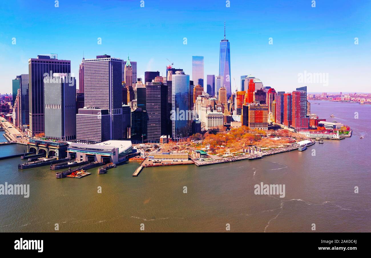 Manhattan and East River and Hudson River New York reflex Stock Photo ...