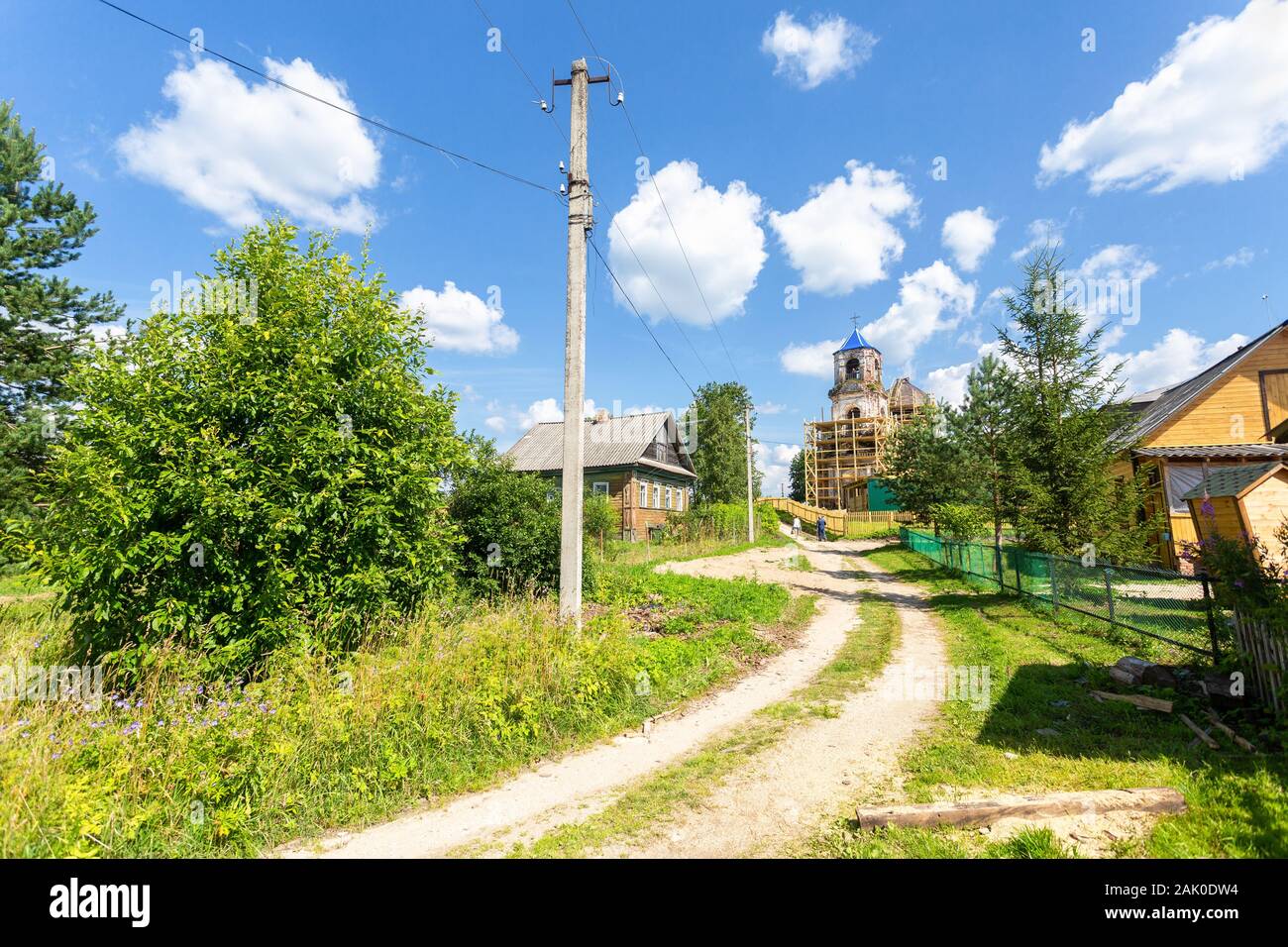 Old orthodox church under restoration at the village Sopiny, Novgorod ...