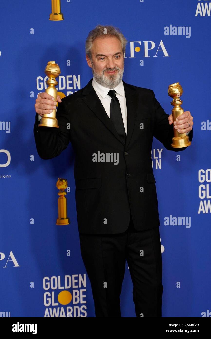 British film director Sam Mendes poses in the press room with the ...