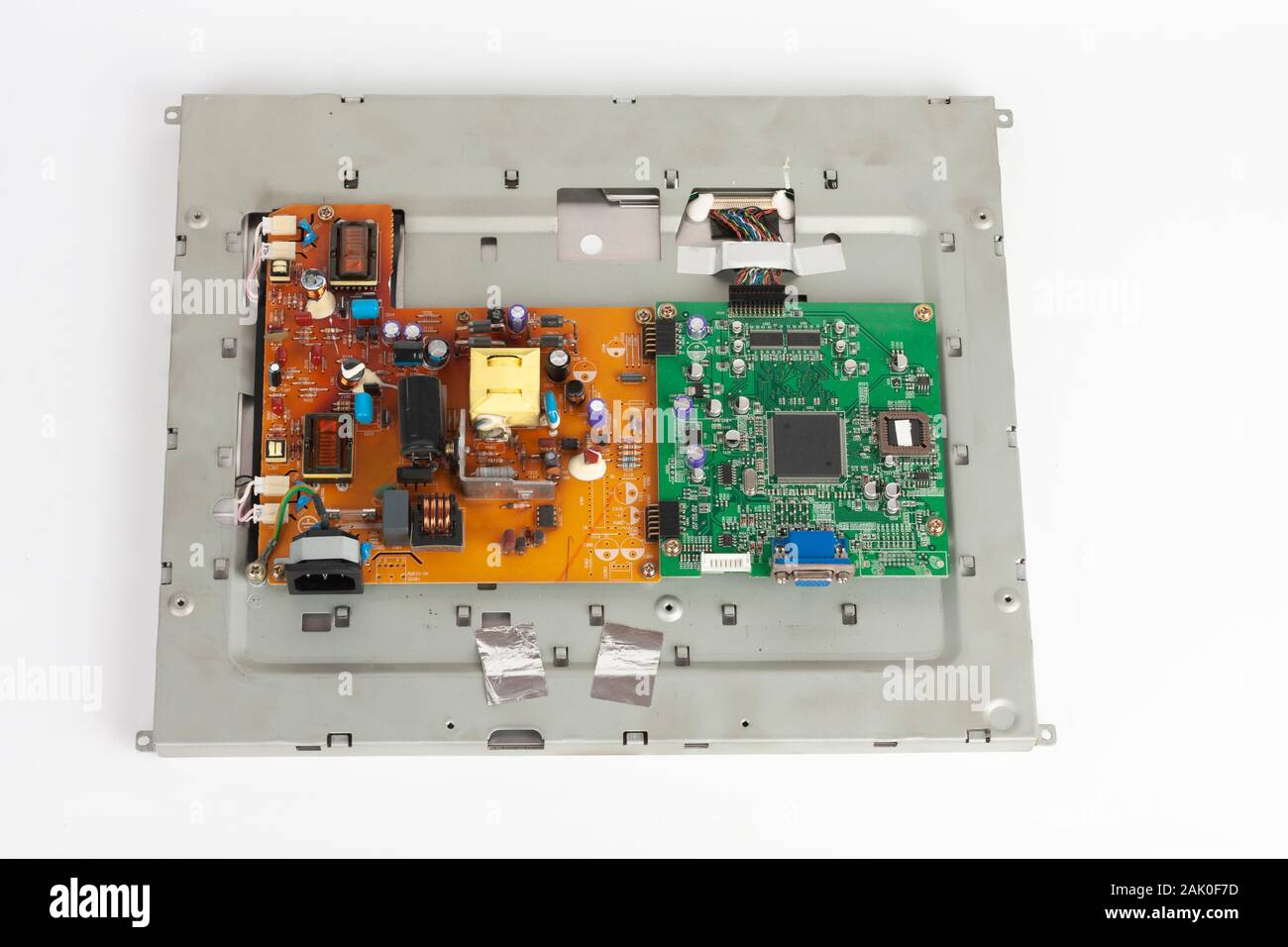 Two printed circuit board of LCD monitor, orange with euro connector ...