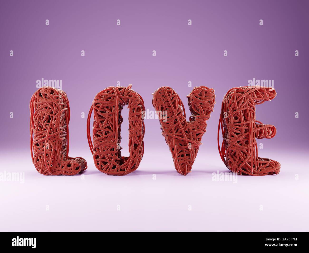 3D render of tangled red string heart on light purple background Stock ...