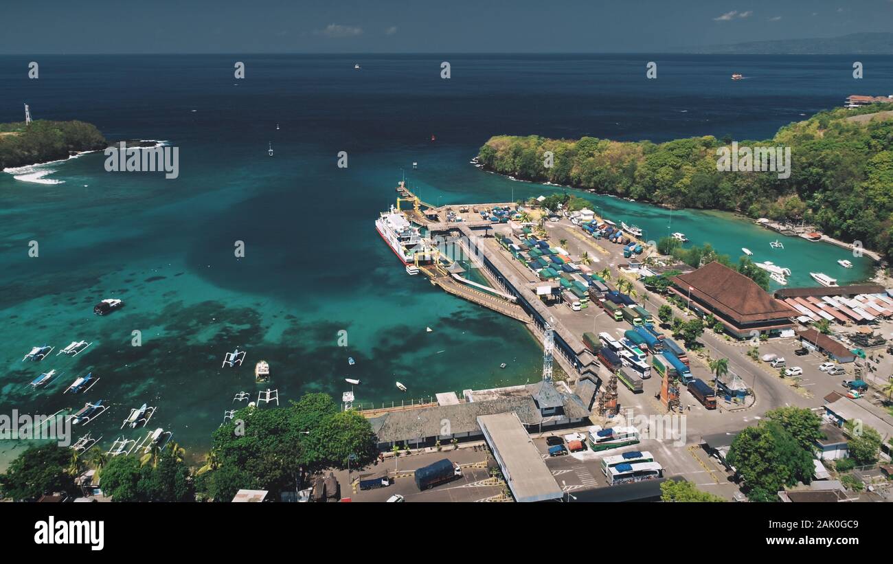 Aerial Flight above Ocean Harbor, Port, Pier and Fishing Boats. Trucks ...