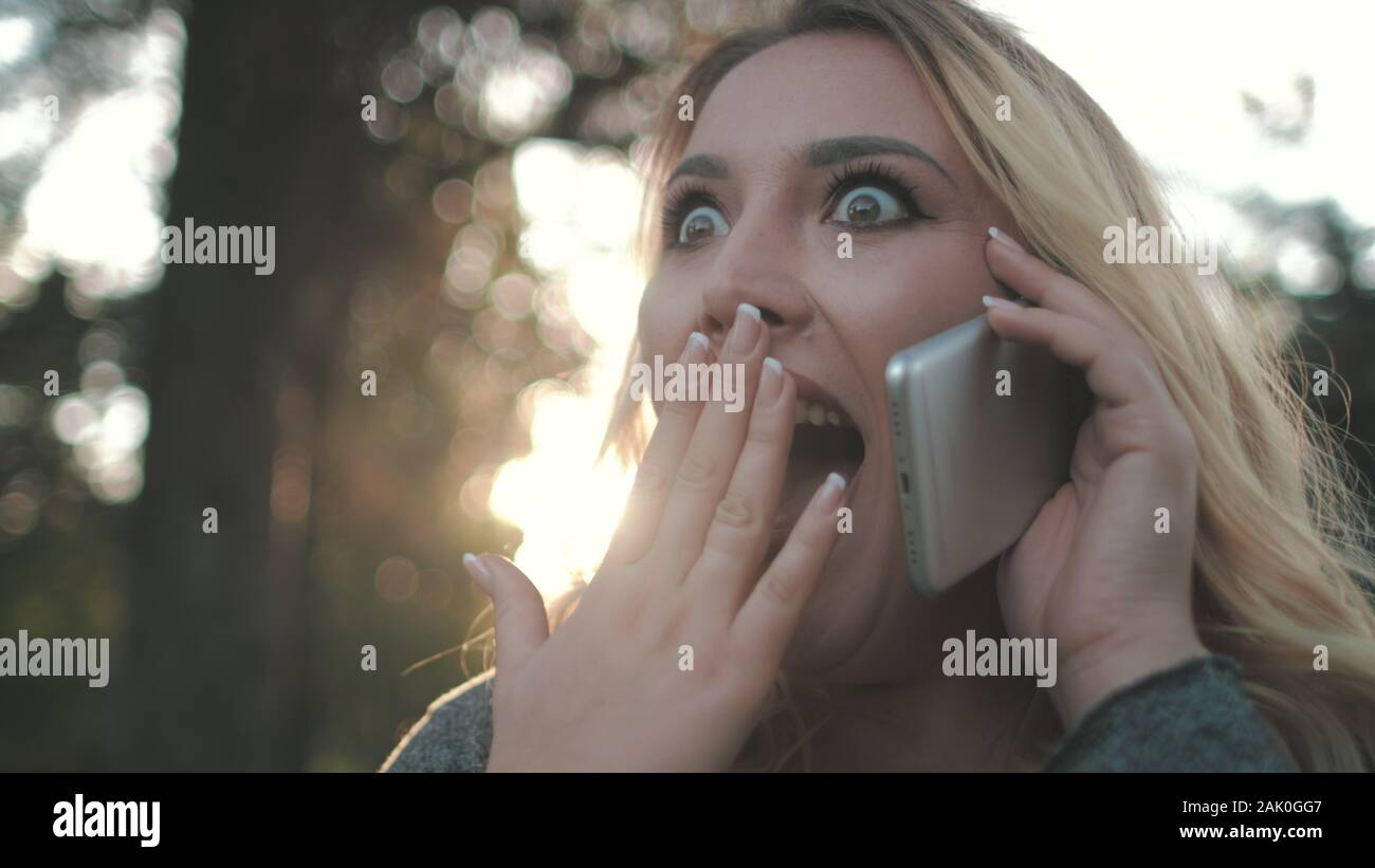 Happy Blonde Woman Plus Size Talk Mobile Outside. Pretty Caucasian Girl ...