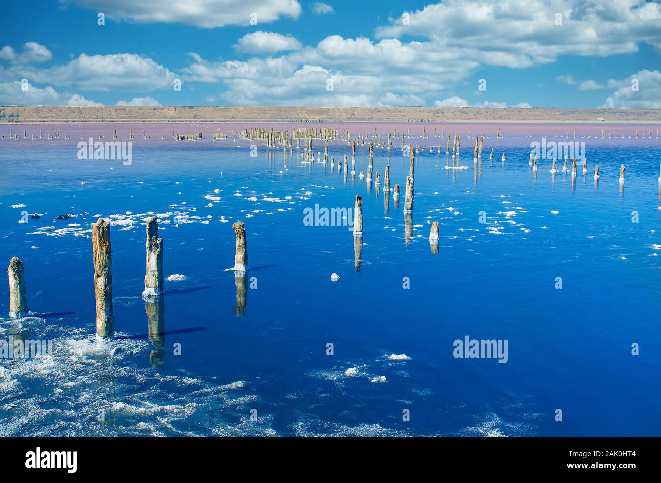 Beautiful salt lake with blue and pink water and wooden posts, natural ...