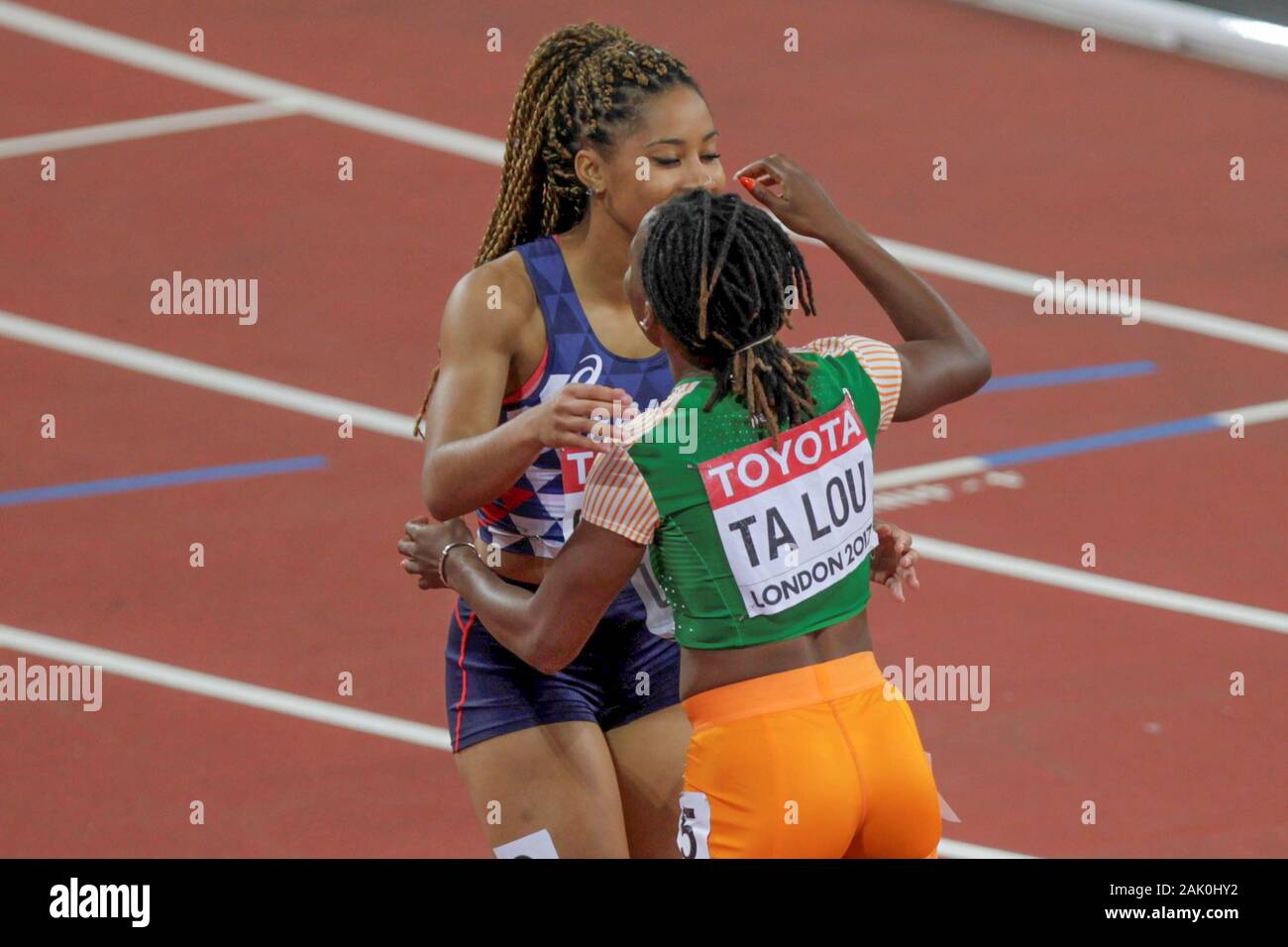 Marie-Josée Ta Lou (Cote d'Ivoire) ) and Estelle Raffai (French) during ...