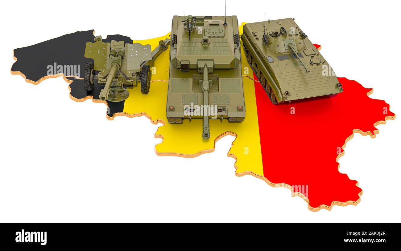 Combat vehicles on Belgian map. Military defence of Belgium concept, 3D ...