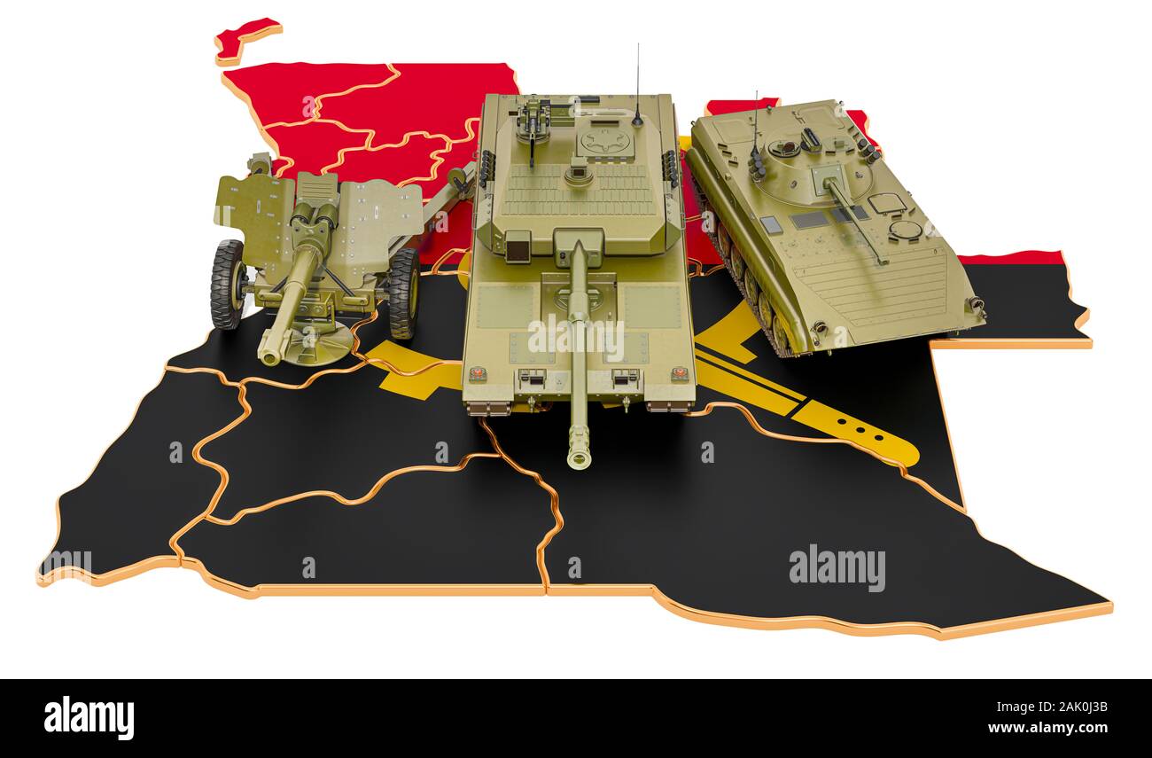 Combat vehicles on Angolan map. Military defence of Angola concept, 3D ...