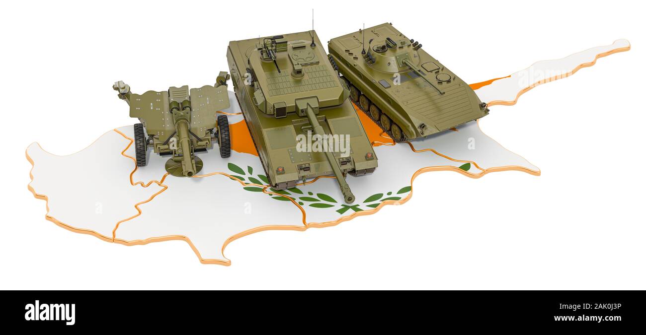 Combat vehicles on Cyprus map. Military defence of Cyprus concept, 3D ...