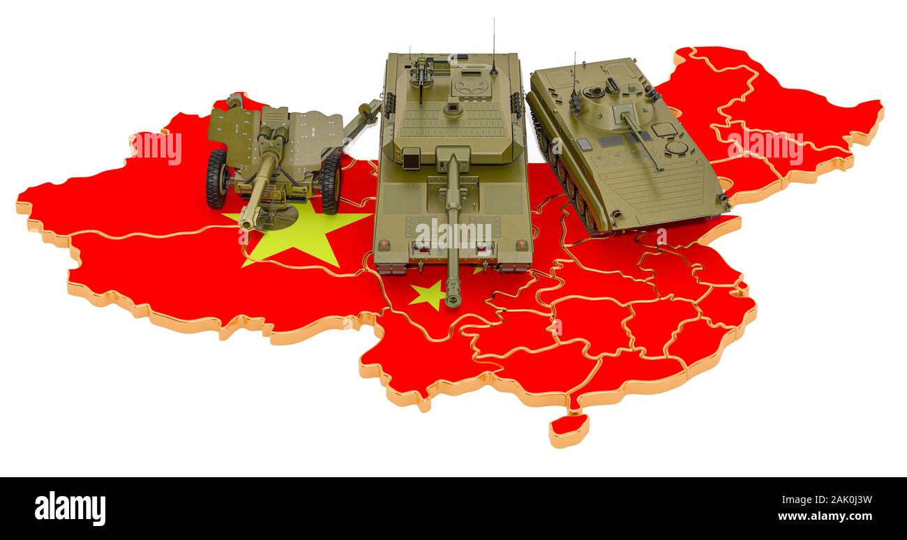 Combat vehicles on Chinese map. Military defence of China concept, 3D ...
