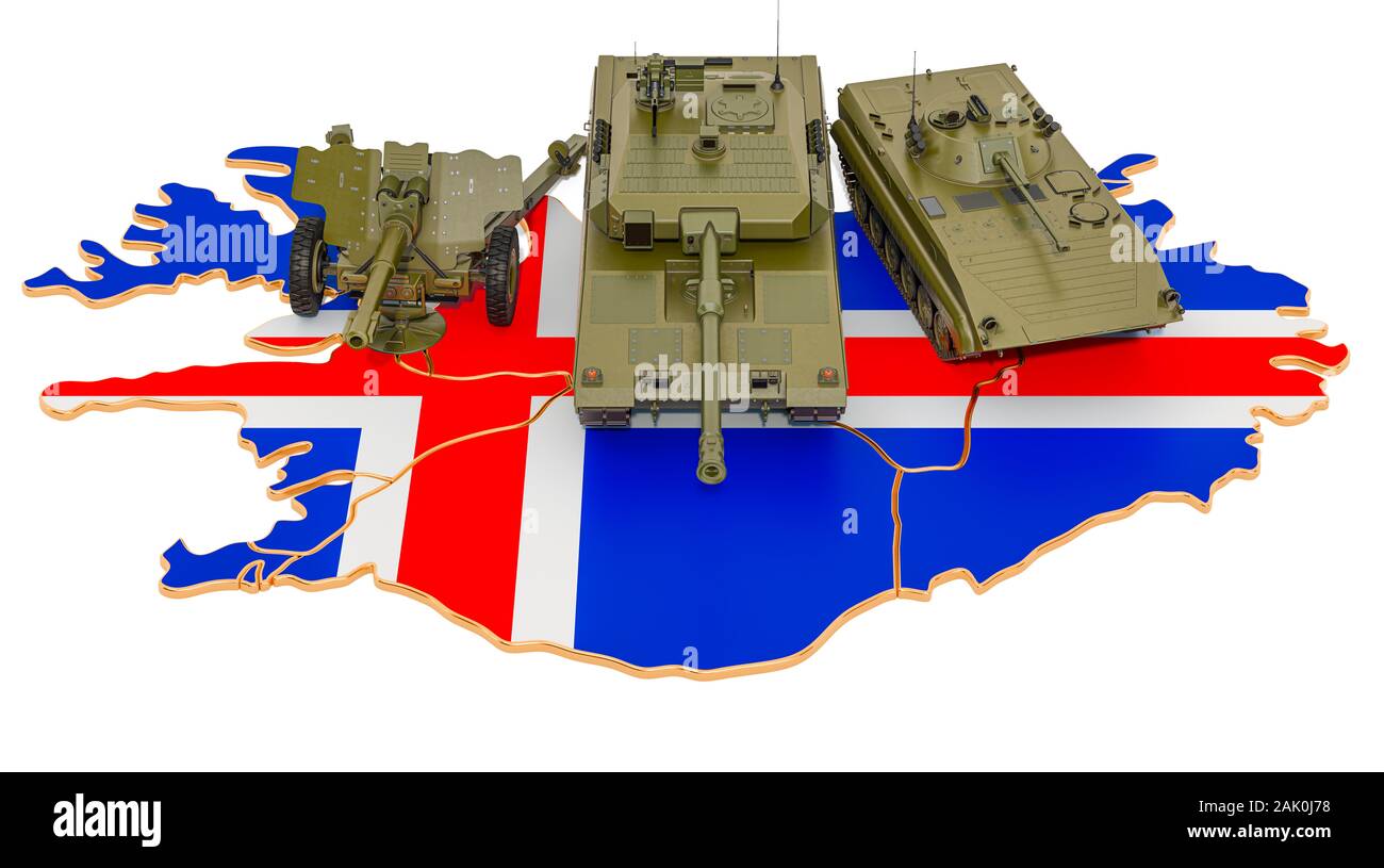 Combat vehicles on Icelandic map. Military defence of Iceland concept ...