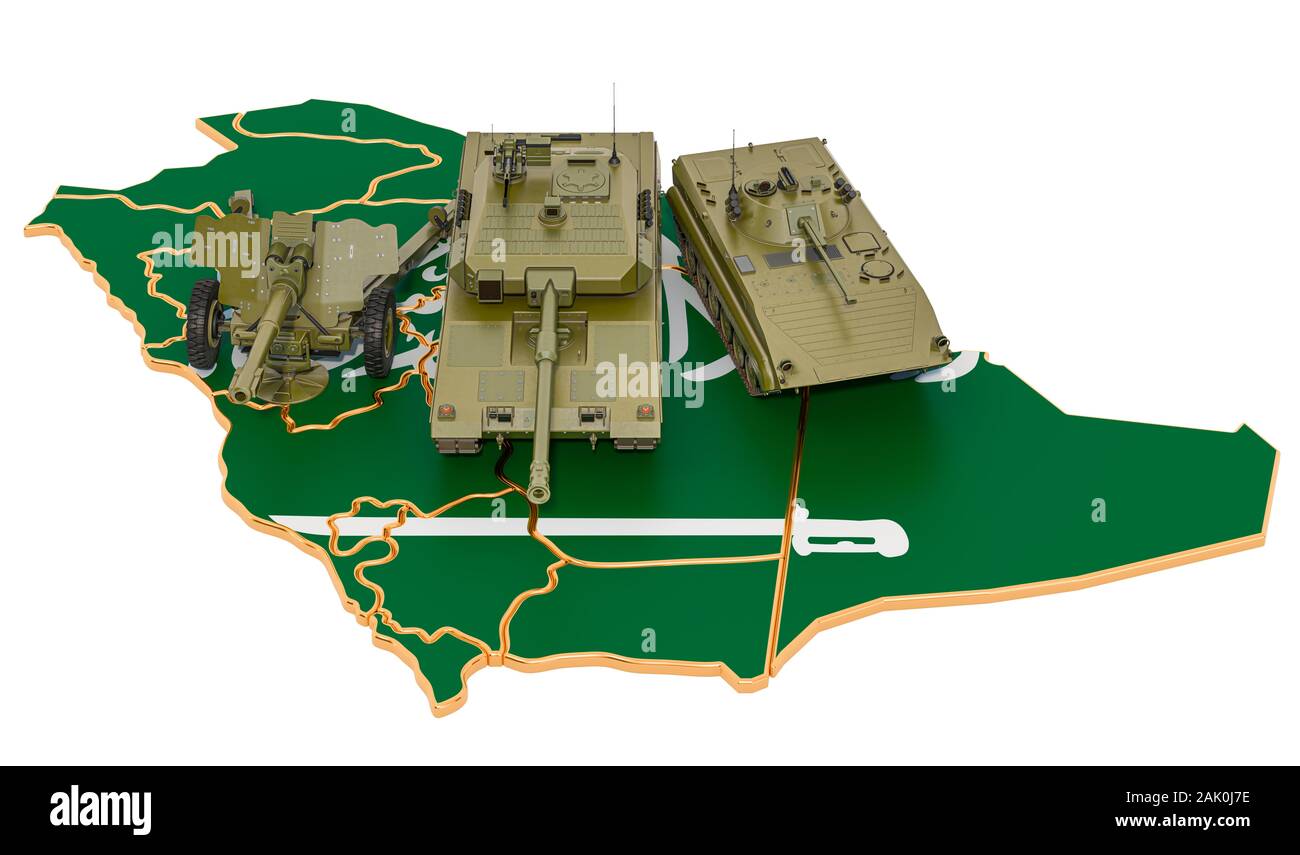 Combat vehicles on Saudi Arabian map. Military defence of Saudi Arabia ...