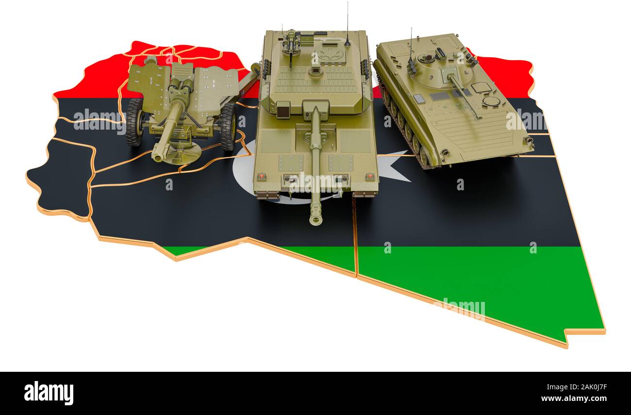 Combat vehicles on Libyan map. Military defence of Libya concept, 3D ...