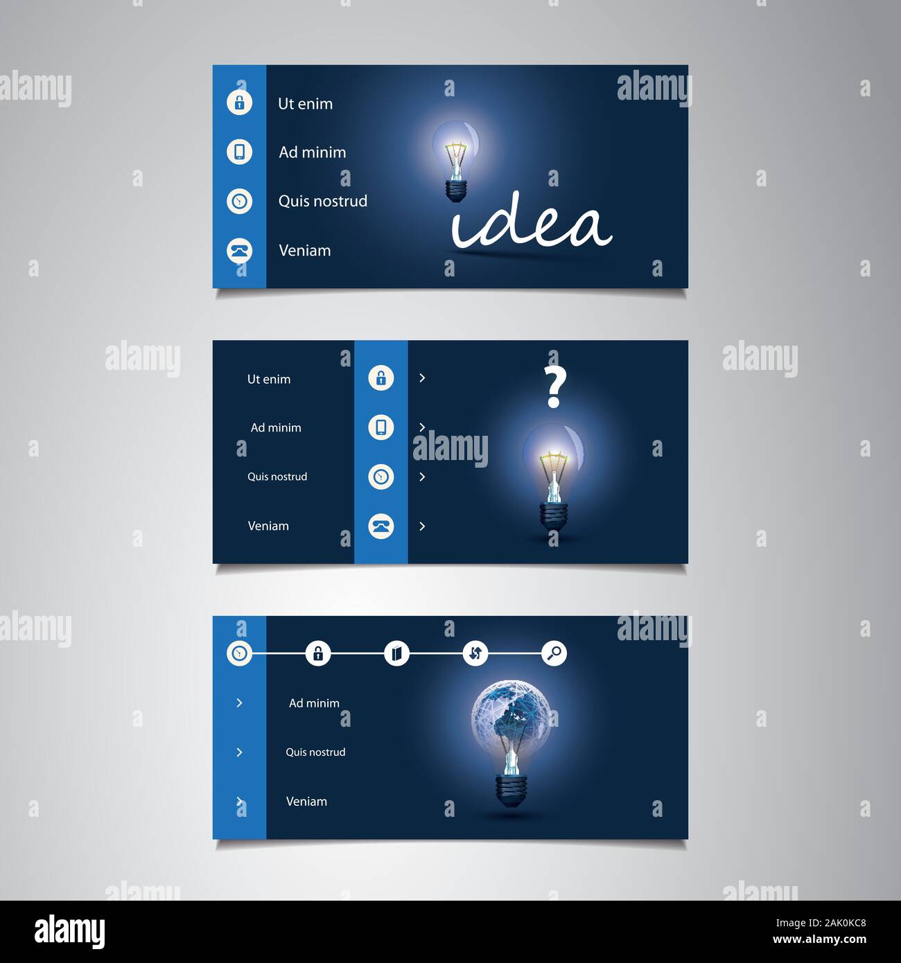 Web Design Elements - Blue Light Bulb Header Design Set for Web - Ideas ...
