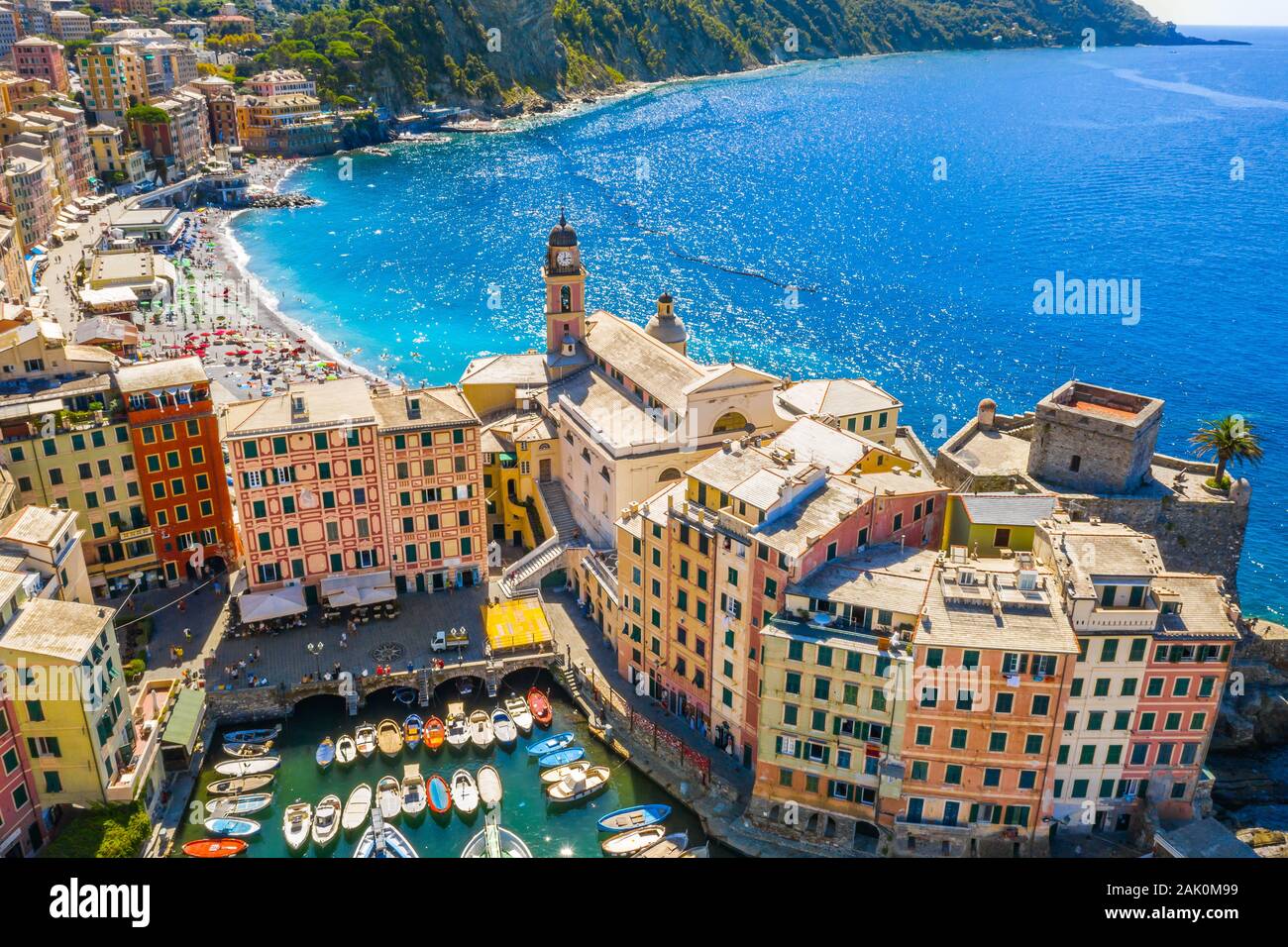 Aerial view of Camogli. Panorama of Castle della Dragonara and Basilica ...