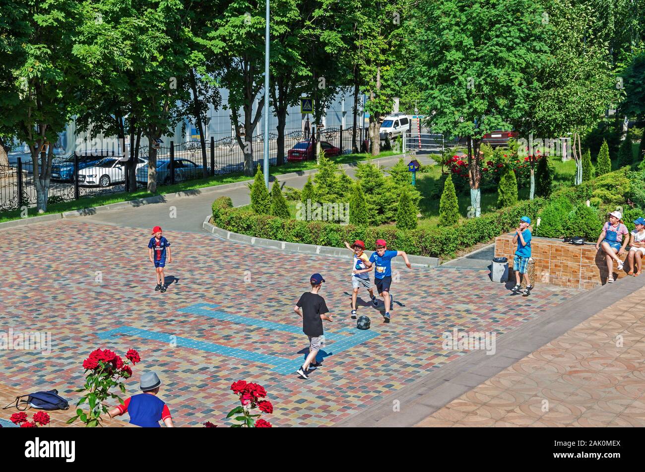 Dnipro, Ukraine - June 10, 2019: Middle school students play football ...