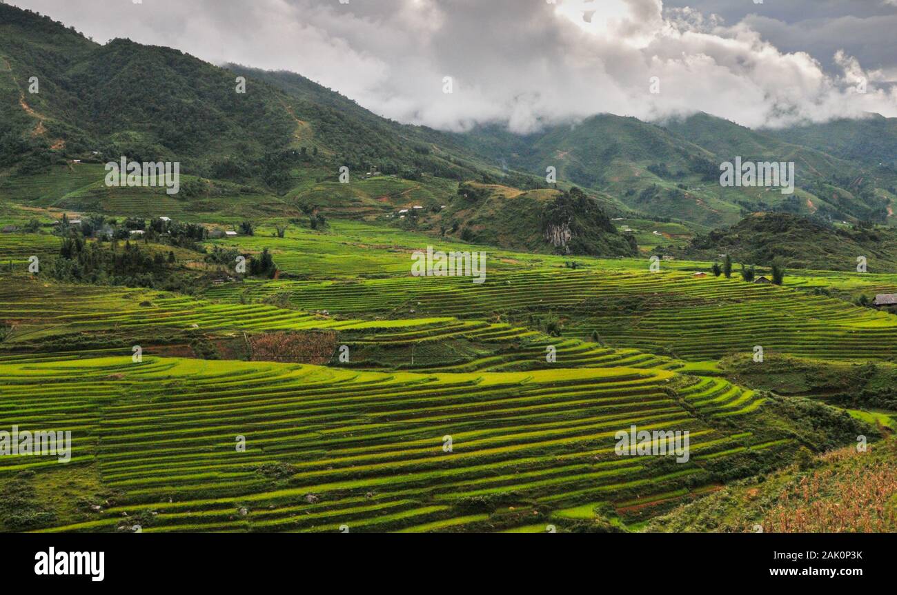 Vietnamese mountain landscape with rice fields and small villages in ...