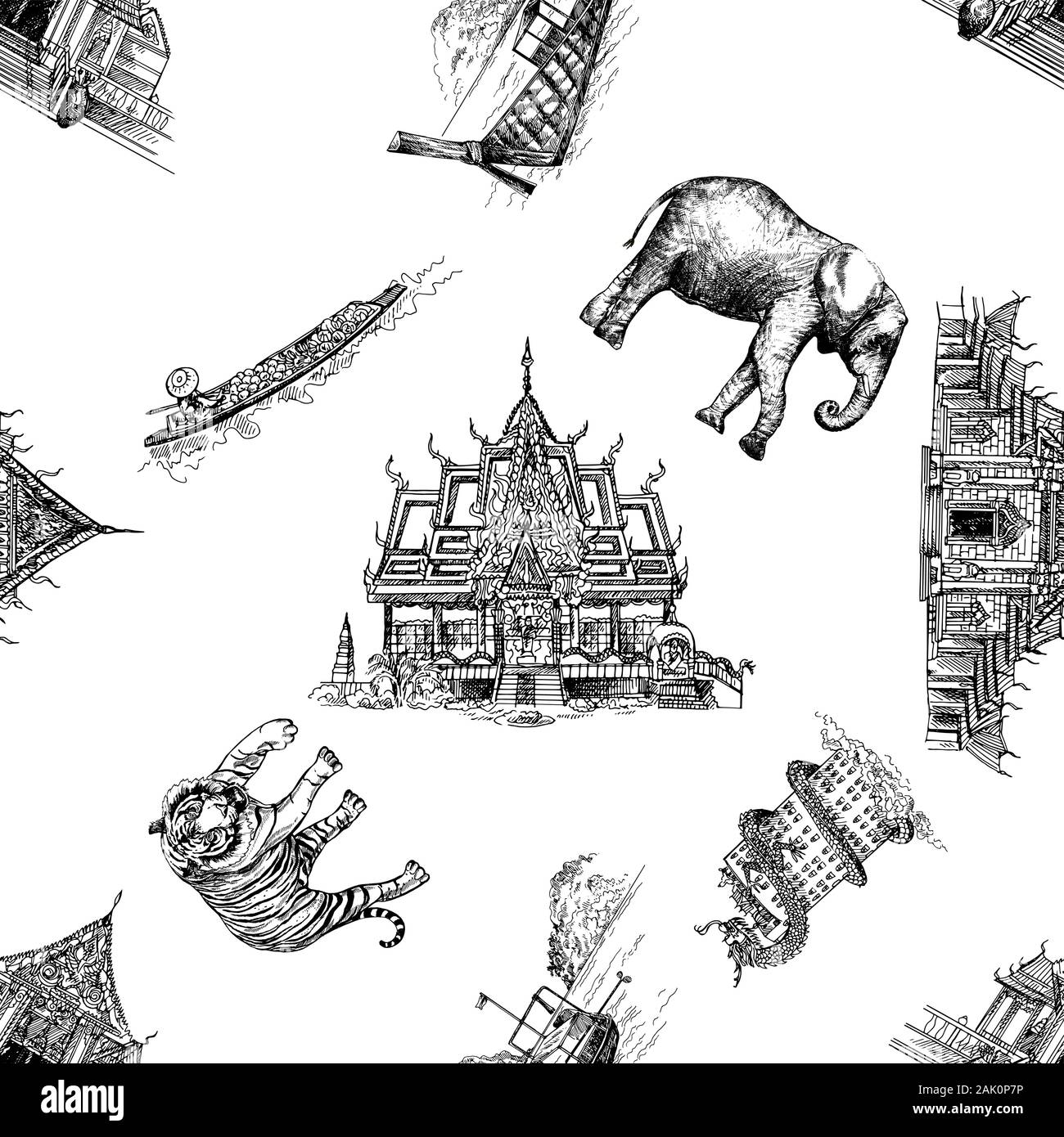 Seamless pattern of hand drawn sketch style Thailand related objects ...