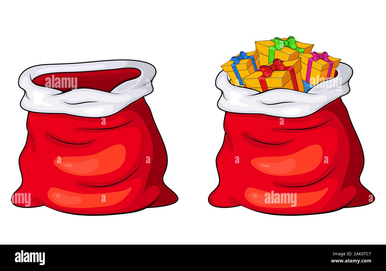 Santa Claus sack, bag empty and full with gifts and presents isolated ...