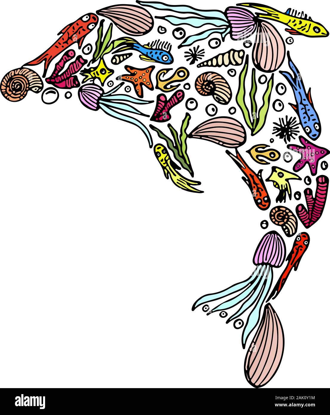 Hand drawn set with marine life doodle in form of dolphin. Hand drawn ...