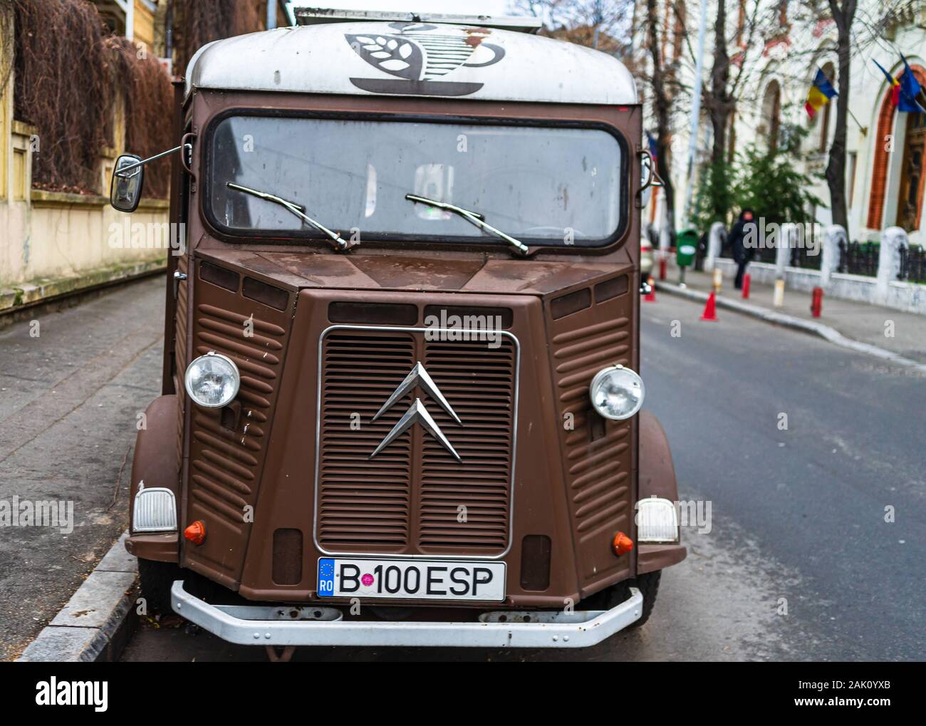 Brown Citroen H Van, 1969 model stands on a roadside in Bucharest ...