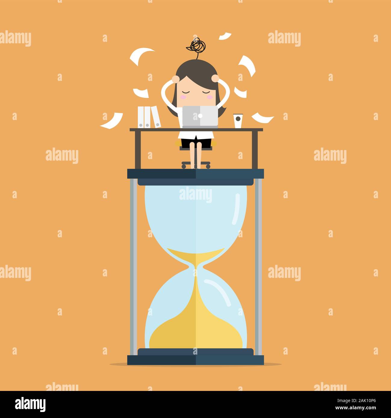 Businesswoman work hard at computer on big sand clock deadline concept ...