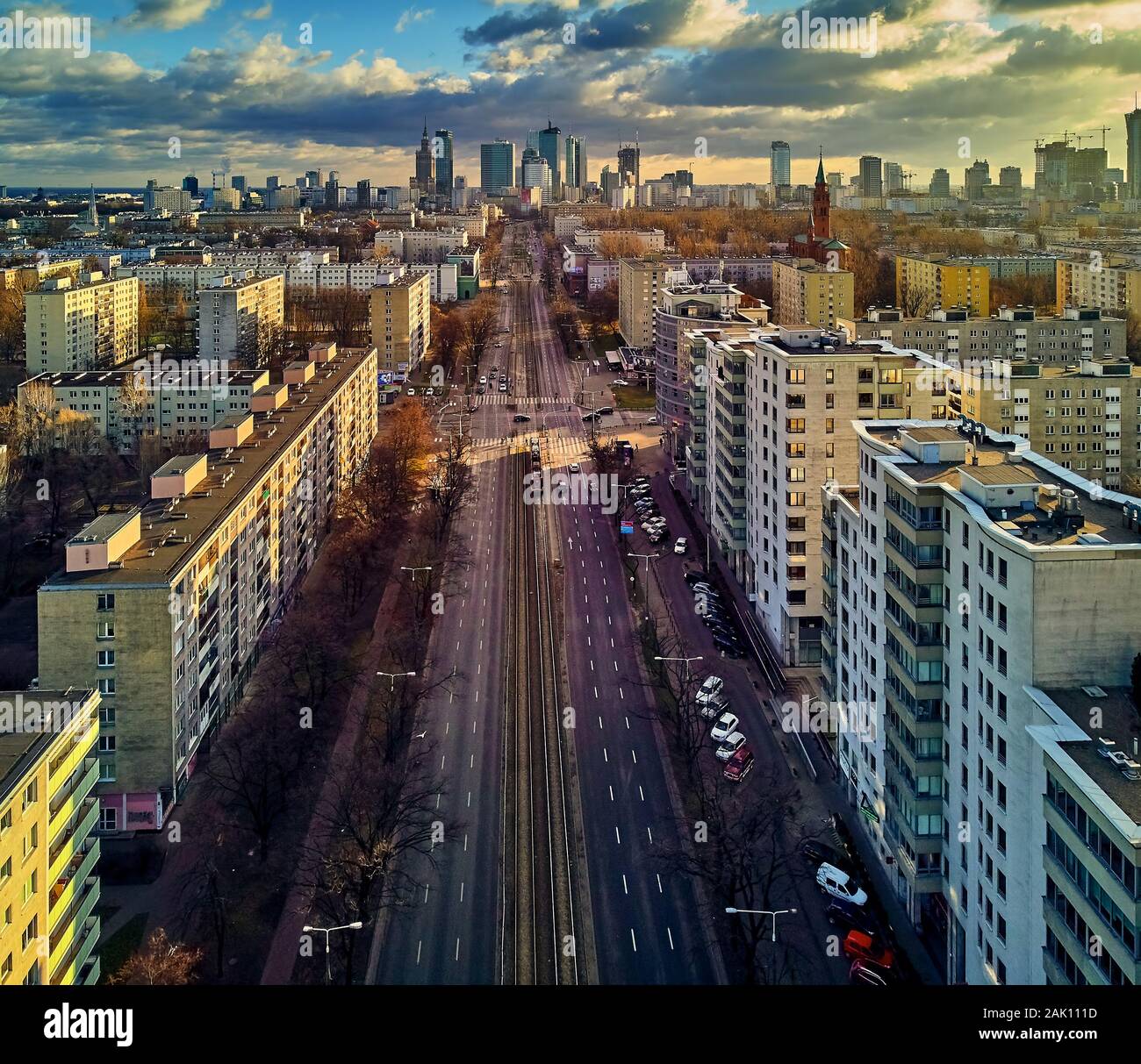Beautiful panoramic aerial drone view to the ?enter of modern Warsaw ...
