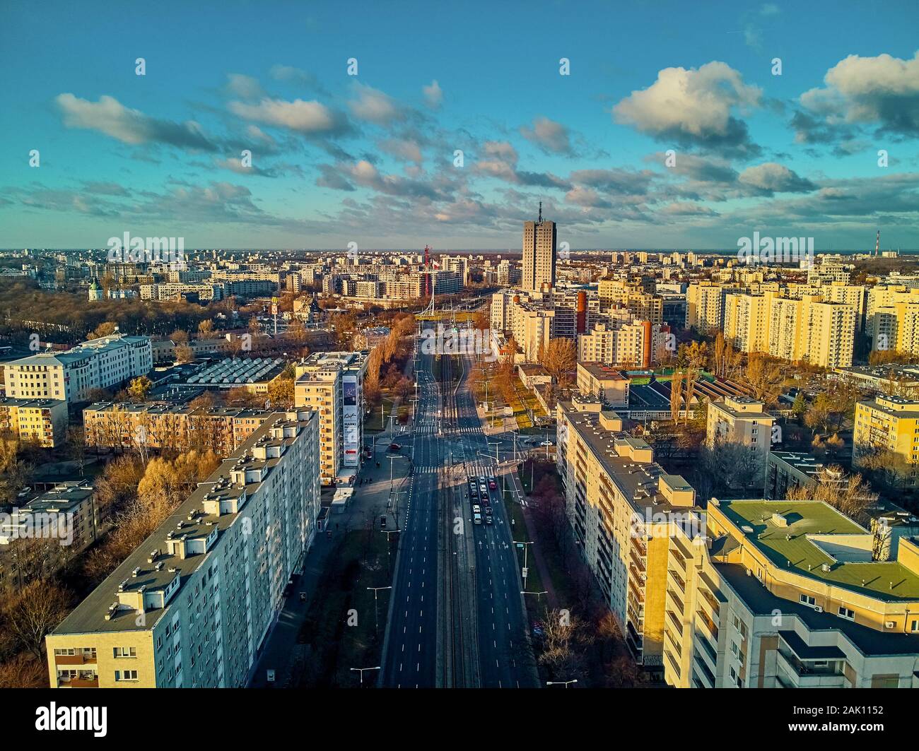 Beautiful panoramic aerial drone view to the ?enter of modern Warsaw ...