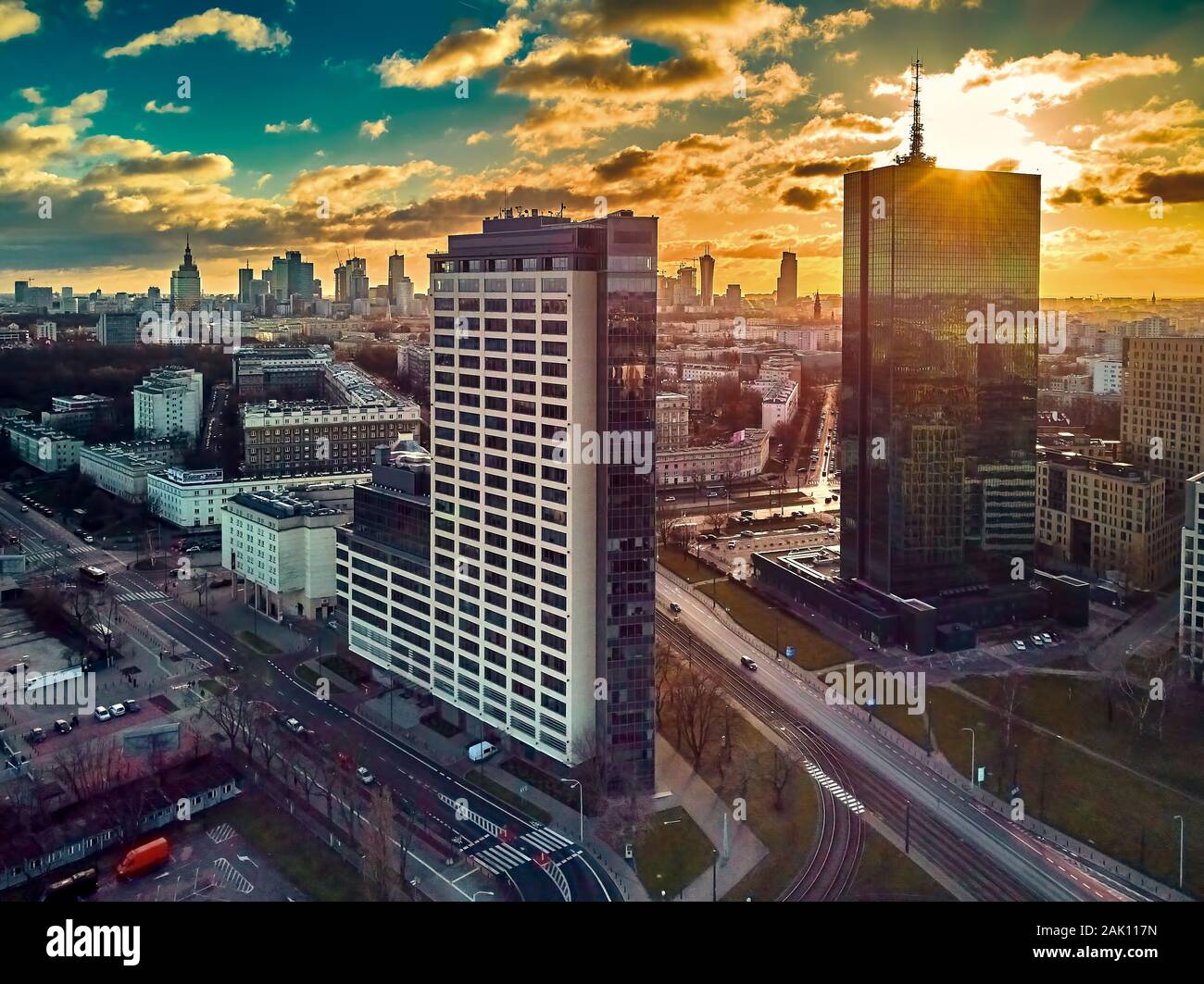 Beautiful panoramic aerial drone view to the ?enter of modern Warsaw ...