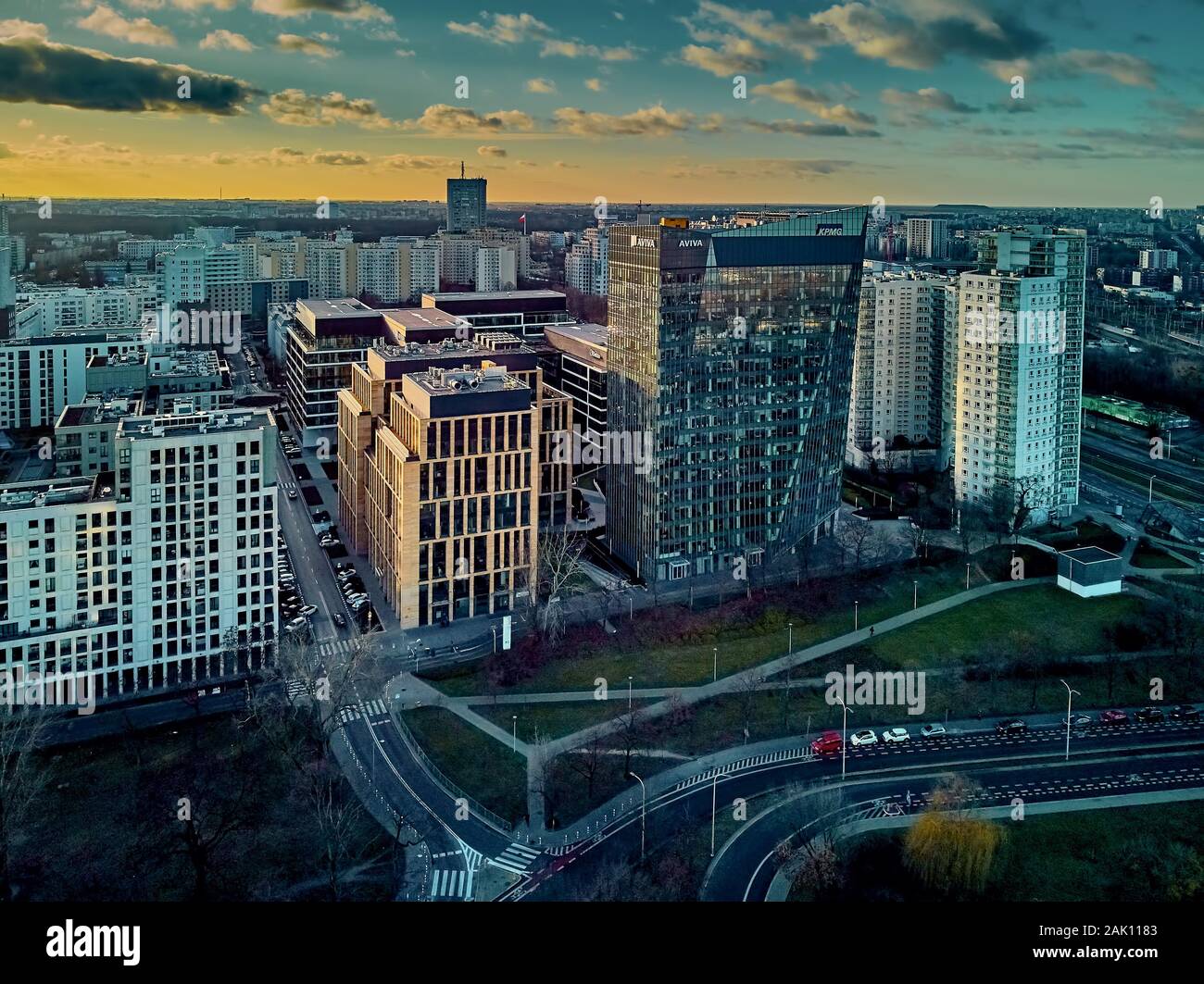 Beautiful panoramic aerial drone view to the ?enter of modern Warsaw ...