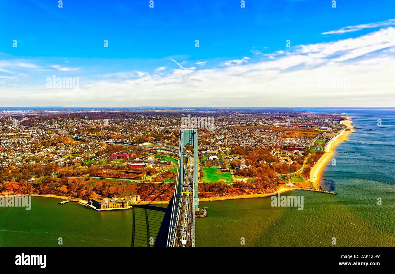 Aerial view of Verrazano Narrows Bridge over the Narrows reflex Stock ...