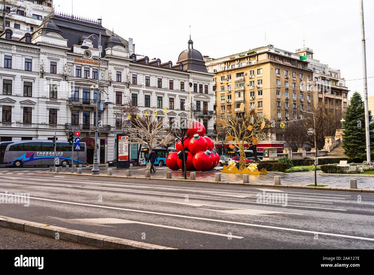 Early morning traffic and empty streets in downtown Bucharest, Romania ...