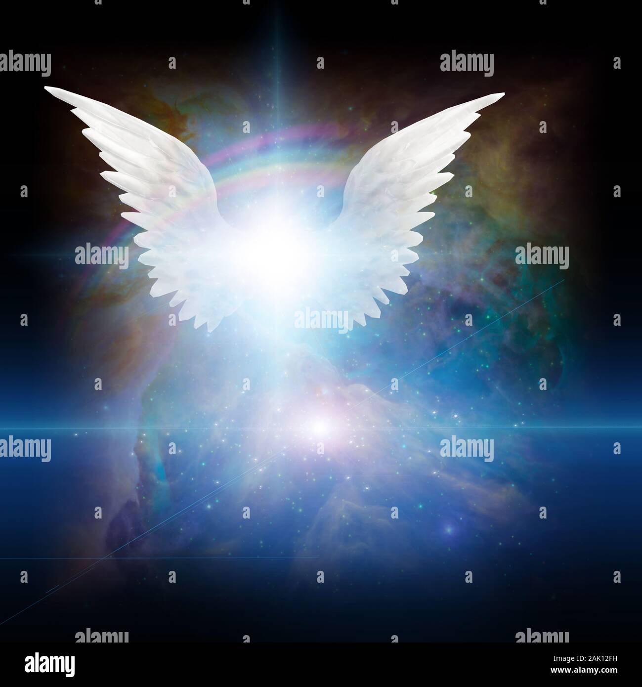 Surreal digital art. Bright star with white angel's wings in vivid ...