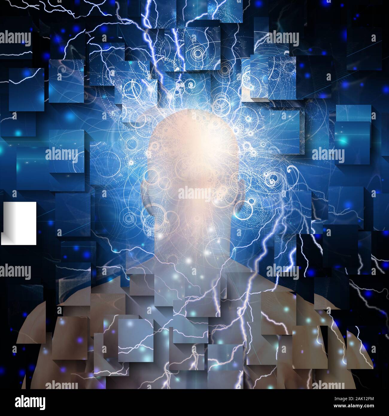 Surreal digital art. Mans head with stars, lightnings and clouds. Its ...