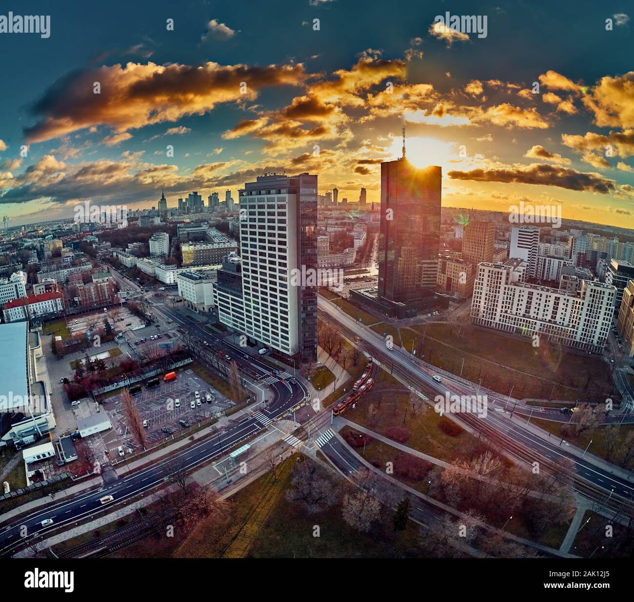 Beautiful panoramic aerial drone view to the ?enter of modern Warsaw ...