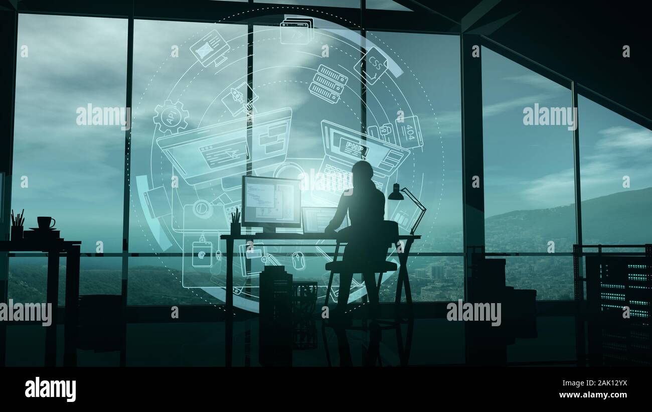 A web developer at a computer in her office and virtual infographics ...