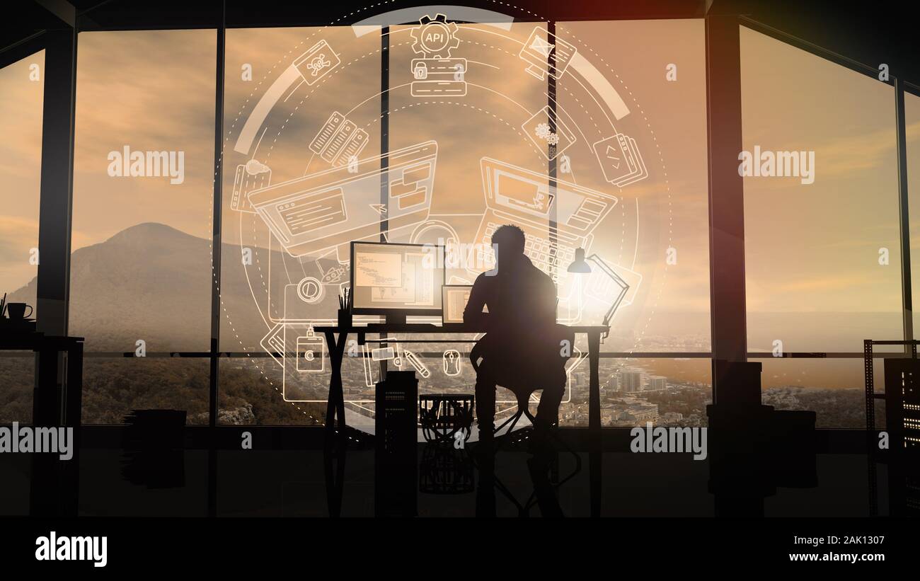 Male web developer silhouette and virtual infographics Stock Photo - Alamy