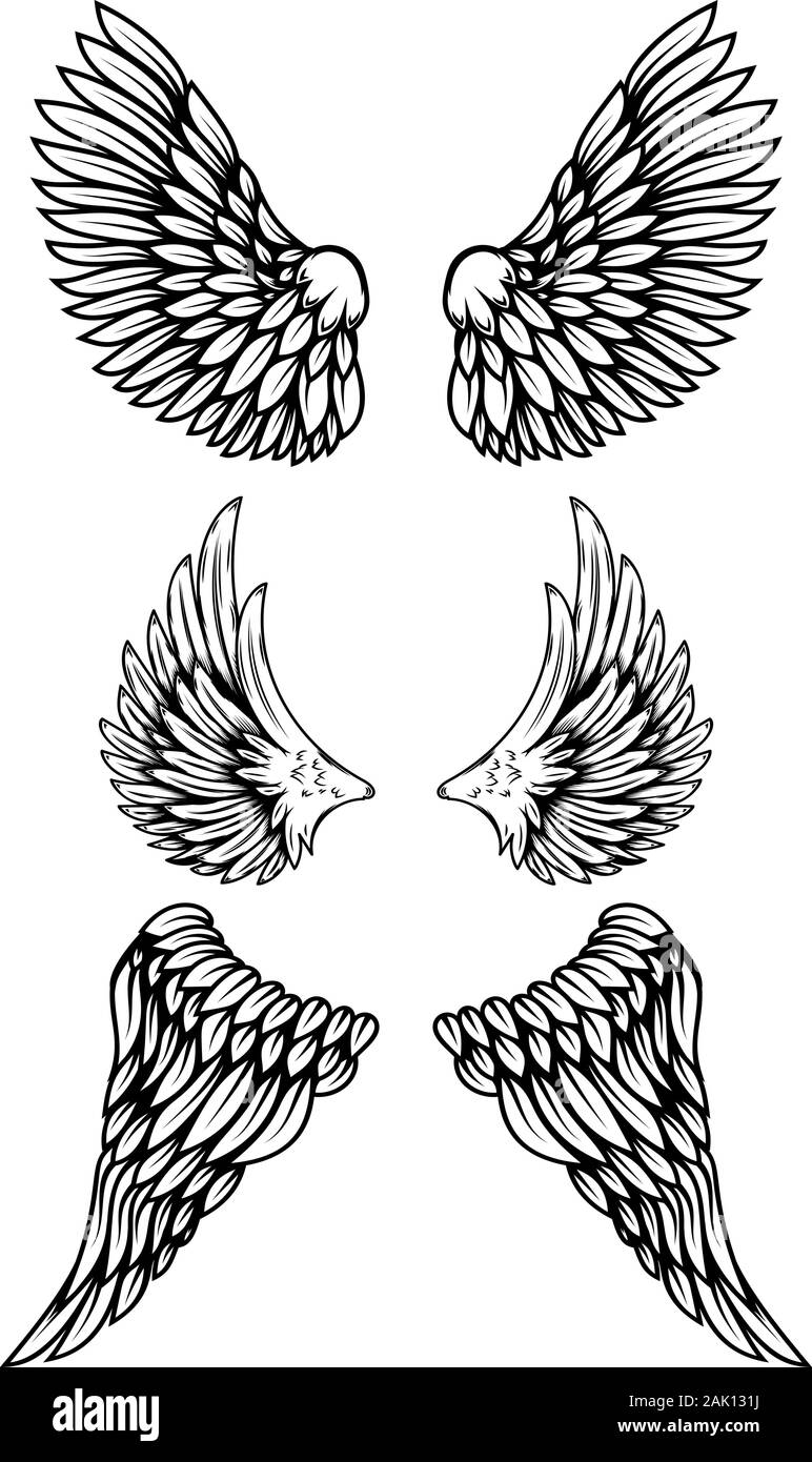 Set of illustrations of wings in tattoo style isolated on white ...