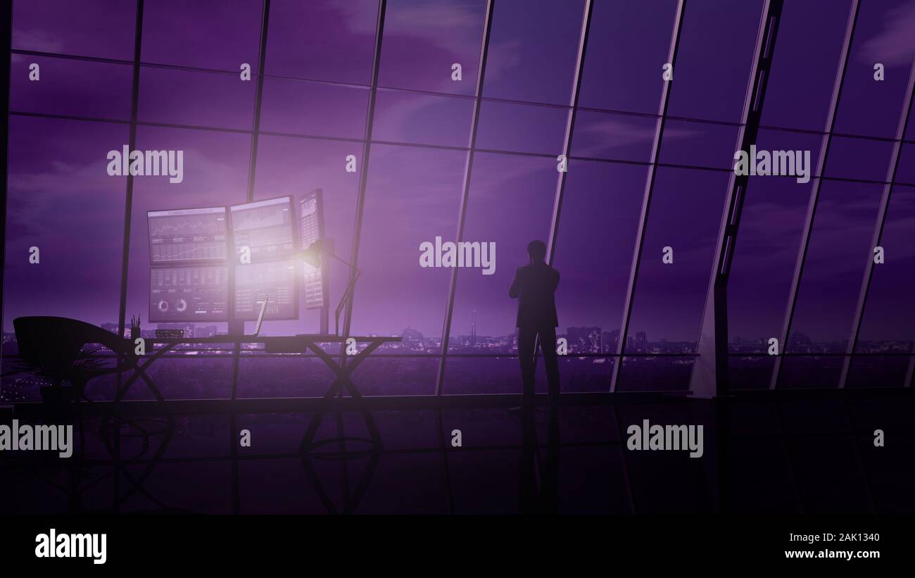 A trader is standing opposite a panoramic window in a dark office Stock ...