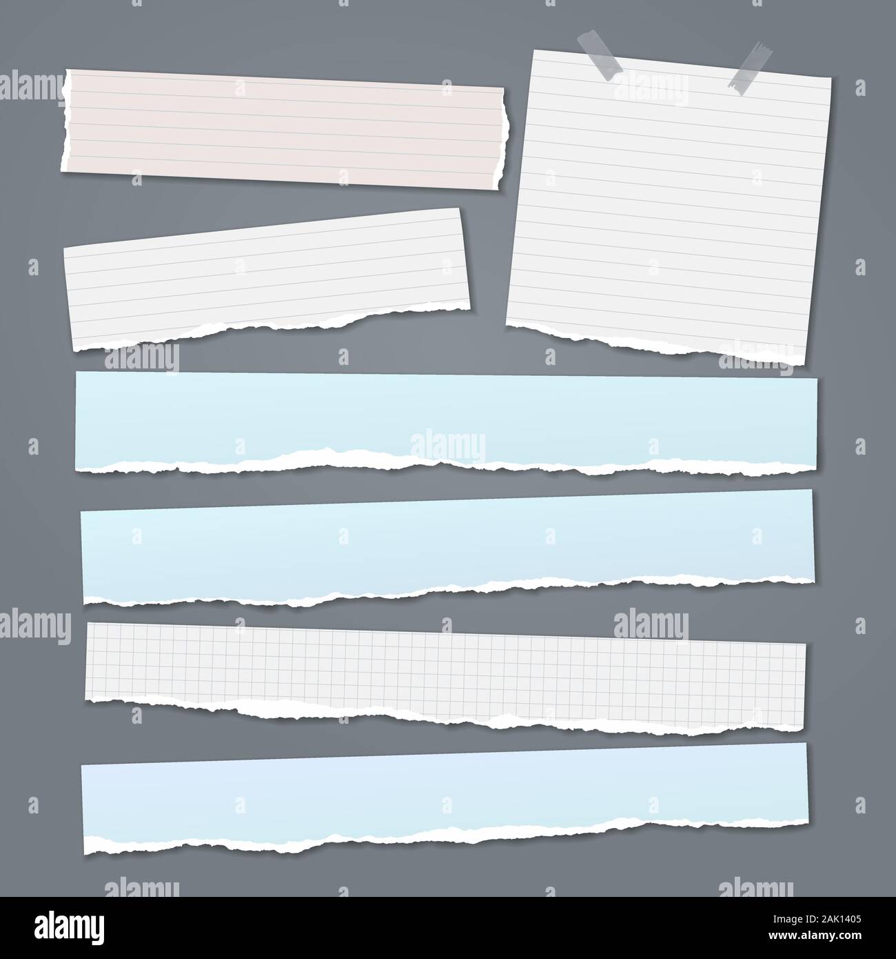 Set of torn white and blue note, notebook paper strips and pieces with ...