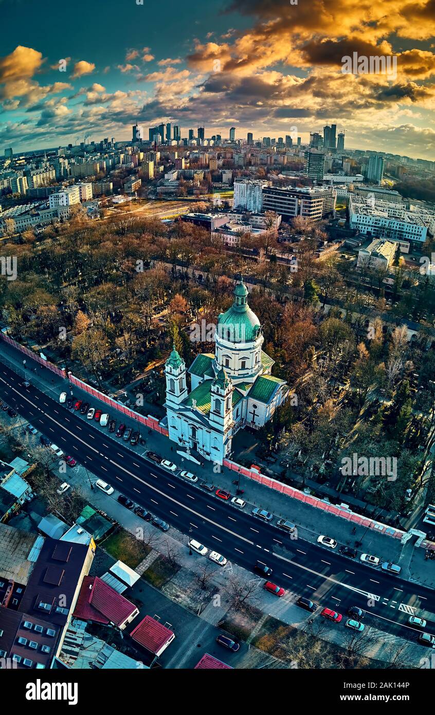 Beautiful panoramic aerial drone view to the ?enter of modern Warsaw ...